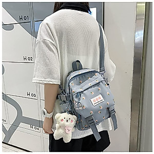 AONUOWE Mini Floral Aesthetic Backpack Cute Japanese School Bag Small Kawaii Backpack with Plush Accessories (Blue)