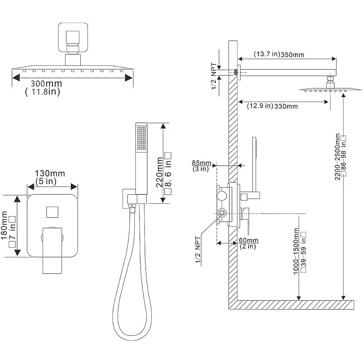 JingGang Matte Black Shower System 12 Inch Bathroom Luxury Rain Mixer Shower Combo Set Wall Mounted Rainfall Shower Head and Handheld System Shower Faucet Set Rough-in Valve Body and Trim Included