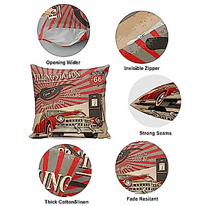 Set of 2 Throw Pillow Covers Square Pillow Case Retro Filling Station Car Posters Cotton Linen Cushion Case Pillowcase for Sofa Couch Bed, Living Room Bedroom Decorative, 18 x 18 Inches