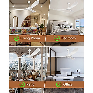 KASASS Ceiling Fan with Remote Control No Light, 52" Low Profile Ceiling Fan Outdoor/Indoor, 3 Blades 6 Speeds Reversible DC Motor Modern Ceiling Fans for Patio, Bedroom, Living Room, Porch (White)