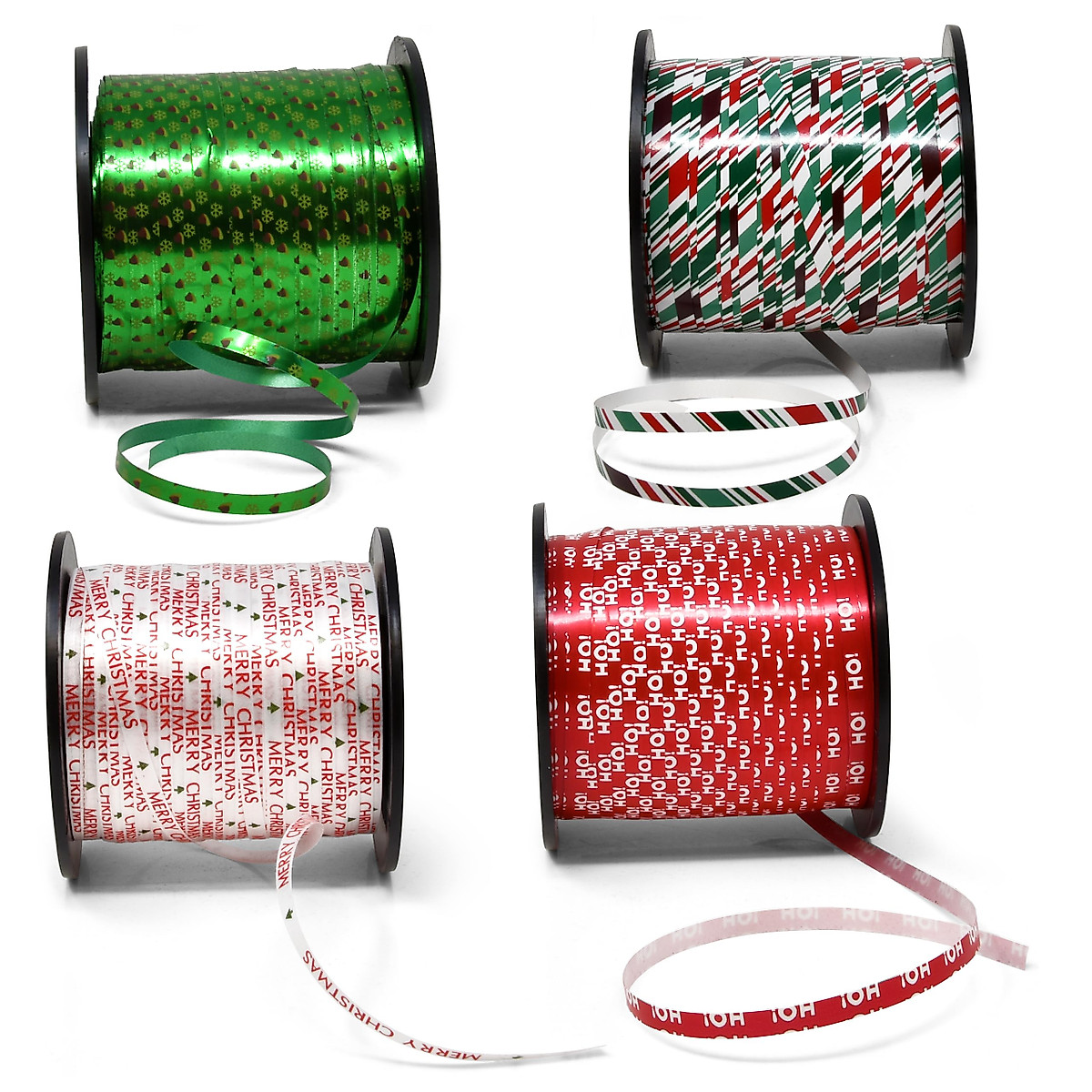 Gift Boutique Christmas Curling Ribbon 4 Pack Rolls Printed Red Green & White Stripes, HO, Santa Hat, Merry Xmas Party Crafts Supply Decorations- 350 Yards Per Roll - Total of 4200 Feet 5mm Ribbon