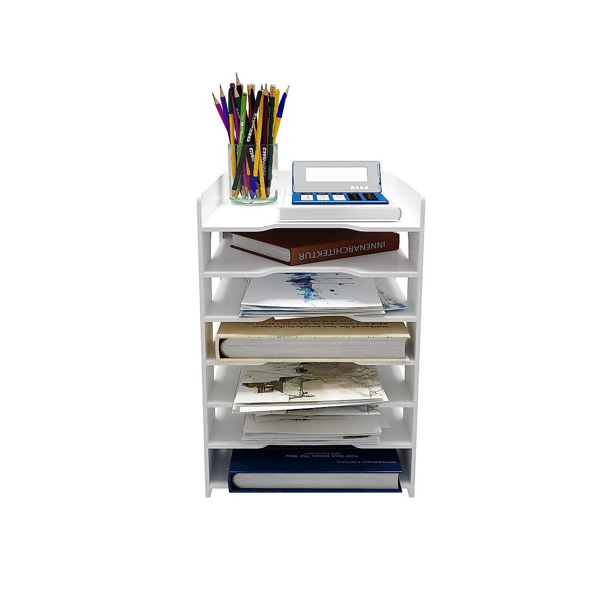 Natwind Office 7 Tiers File Paper Organizer for Desk Desktop White File Holder Office Desk Organizer Mail Letter Tray & Paper Sorter Document Notebooks Storage Rack for Home Office School Classroom