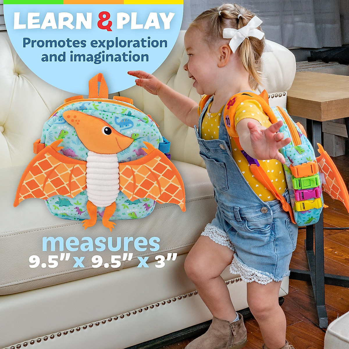 Buckle Toys - Breezy Pterodactyl Dinosaur Backpack - Educational Pre-K Learning Activity Toy - Develop Fine Motor Skills - Great Gift for Toddlers and Kids