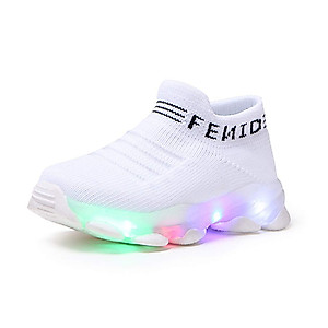 IWIHMIV Boys Luminous Shoes Kids Athletic Tennis Shoe Breathable Lightweight Slip on Sports Knit High-top Sport Shoes（a4-White,7