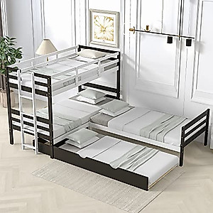 Woanke Twin Over Twin L-Shaped Bunk Bed with Platform Bed and Trundle Attached, Twin Size Triple Bunk Bed for 4 Kids, Corner Twin Over Twin Platform Bed with Drawers, No Box Spring Needed