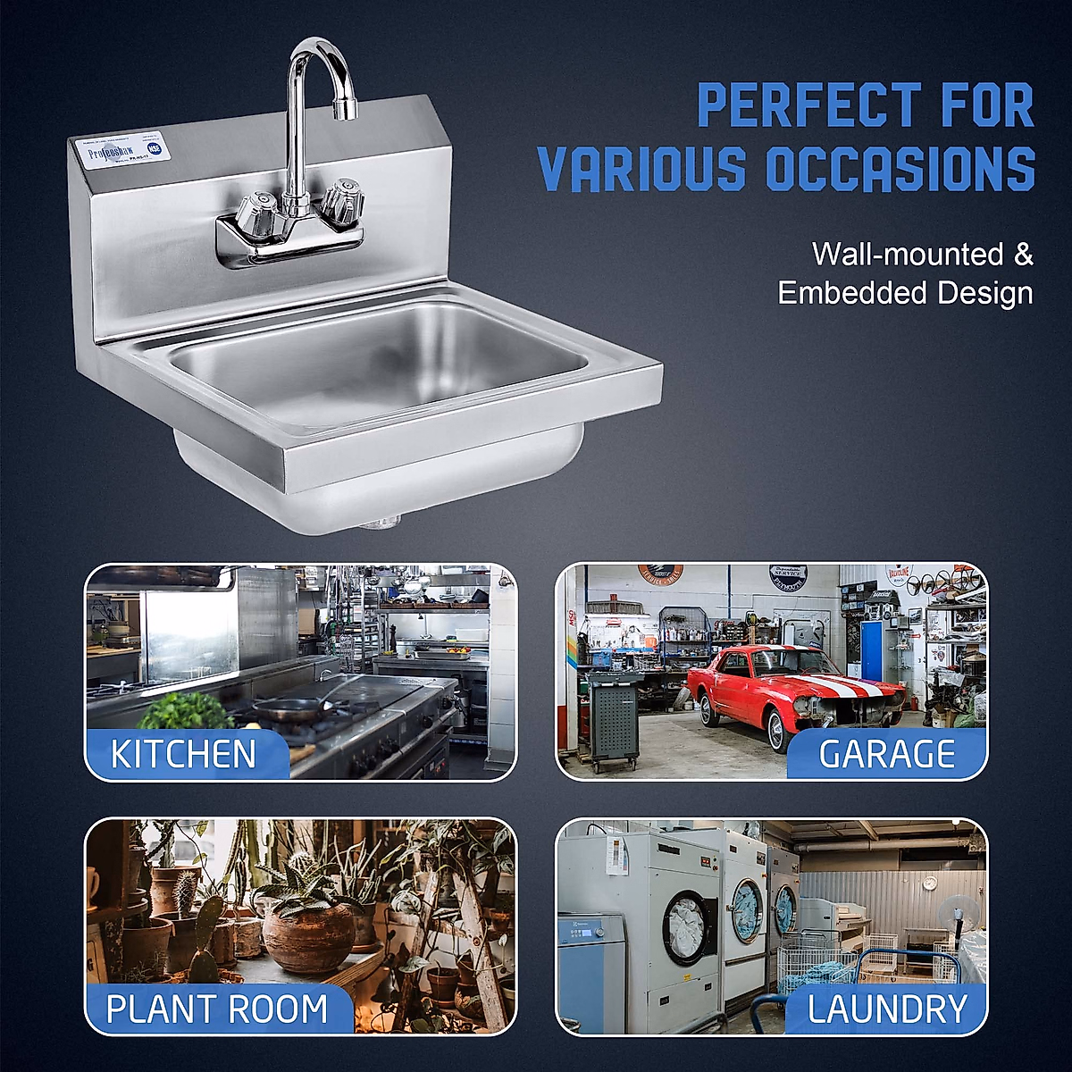 Profeeshaw Stainless Steel Sink Commercial Wall Mount Hand Washing Basin NSF Certified, with Gooseneck Faucet and Backsplash, for Restaurants, Stores, Bars and Home, 17" x 15"