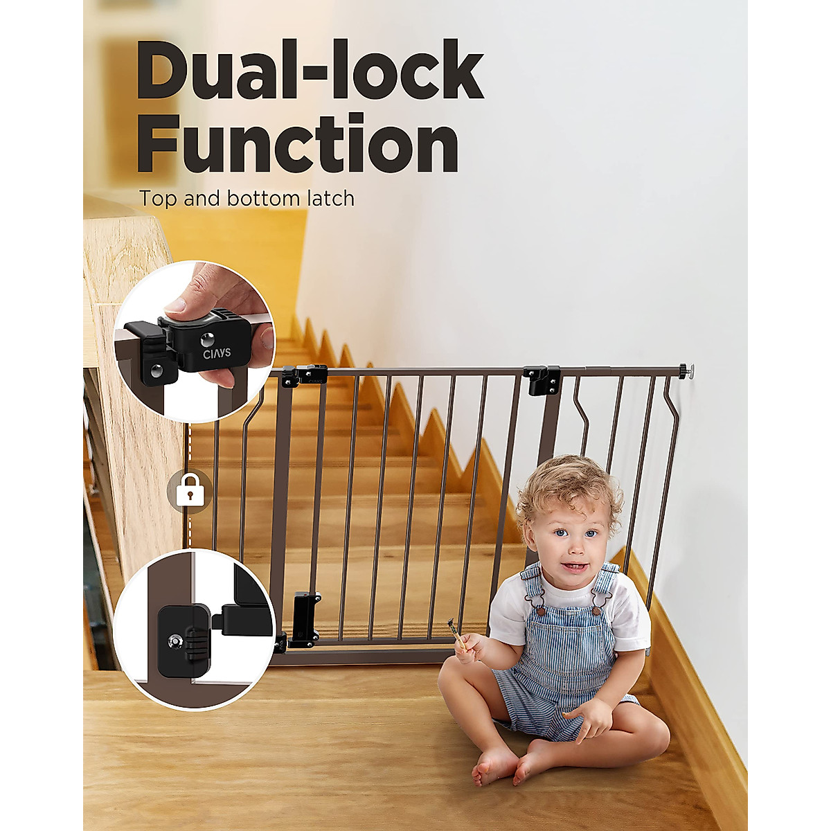 Ciays Baby Gate, 29.5” to 45.3” Dog Gate for Stairs Doorways and House, Auto-Close Safety Metal Child Gate for Babys Dogs with Alarm, Pressure Mounted, Brown