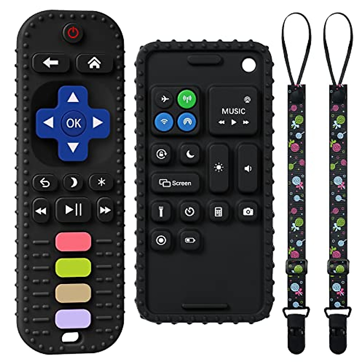 Aolso 2PCS Baby Teether Toys Silicone, Remote Control Shape Teething Toys and Cell Phone Teething Toys with 2PCS Pacifier Clip, Baby Teething Toys for 0-12 Months, Chew Toys BPA Free/Freezable(Black)