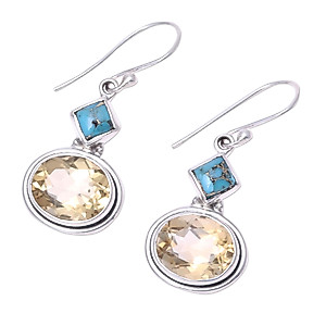 NOVICA Artisan Handmade Citrine Dangle Earrings Ninecarat Composite Turquoise Sterling Silver Reconstituted India Birthstone Gemstone [1.4 in L x 0.6 in W x 0.2 in D] ' Watery Gold'