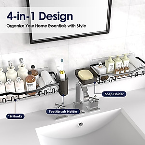 NESOMI Shower Caddy Adhesive Shower Organizer Bathroom Shower Shelves, Wall Shelf for Inside Shower Storage with Soap Dish&16 Hooks, Rustproof Stainless Steel No Drilling Rack Home Decor 2 Pack Large