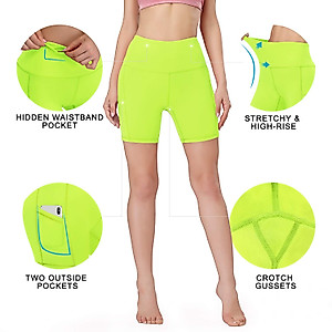 HISKYWIN 5"/8" Inseam High Waist Women Yoga Shorts Compression Exercise Workout Running Shorts Pockets F18011-Fluorescent yellow-L