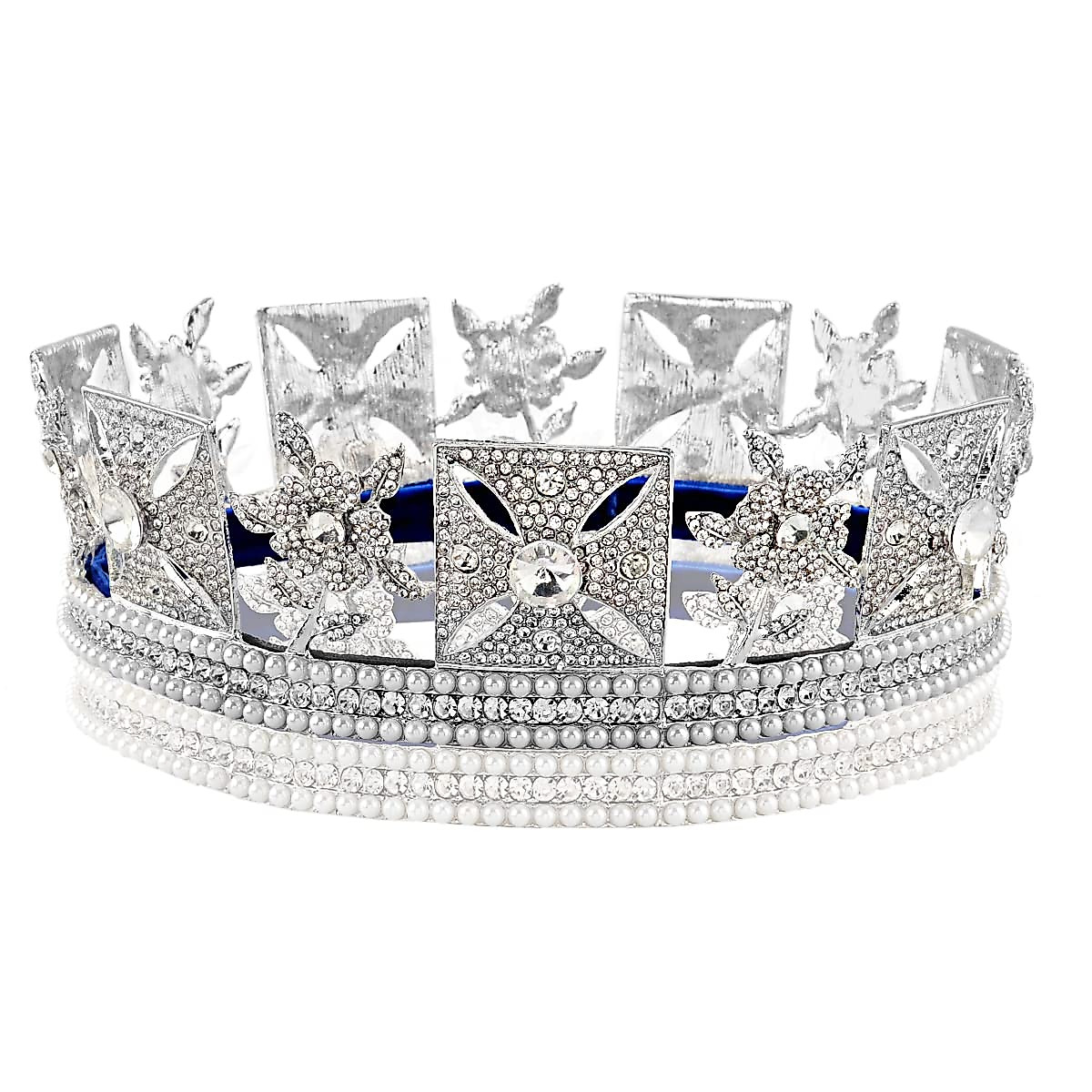 YOVECATHOU Retro Rhinestone Pearl King Queen Crown Full Circle Crown Wedding Headdress For Birthday Party Prom Cosplay (With Flannelette)