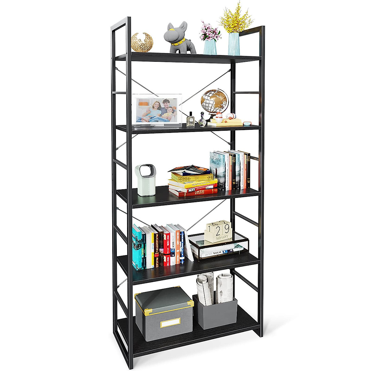 ODK 5 Tier Bookshelf, Industrial Open Bookcase Storage Organizer, Modern Tall Book Shelf for Bedroom, Living Room and Home Office, Black