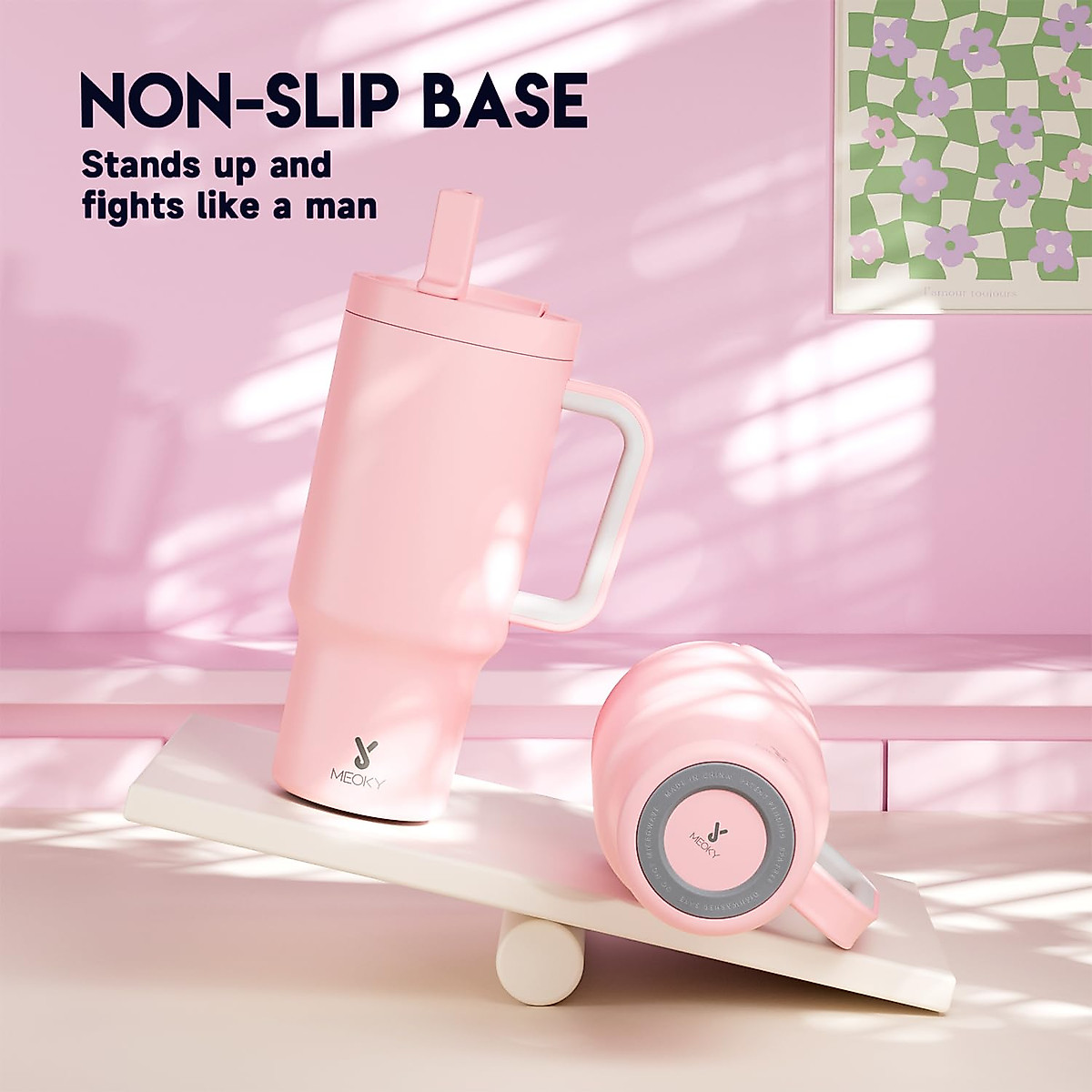 Meoky 32 oz Tumbler with Handle and Flip Straw, 100% Leakproof Tumbler with Lid and Straw, Stainless Steel Insulated Cup, Cupholder Friendly, Keeps Cold for 24 Hours (Blush)