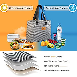 HSHRISH Insulated Lunch Bags for Women, Large Leakproof Tote Bag with 2 Pockets, Durable Reusable Grocery Bags for Work Shopping Outdoor Picnic, 14L(Black/White Stripes)