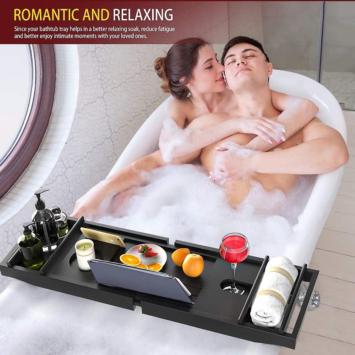 Bathtub Tray Bath Caddy Expandable-Bathtub Shelf for Tub As Gift Idea to Lovers with Free Soap Holder and Shower Brush Black…