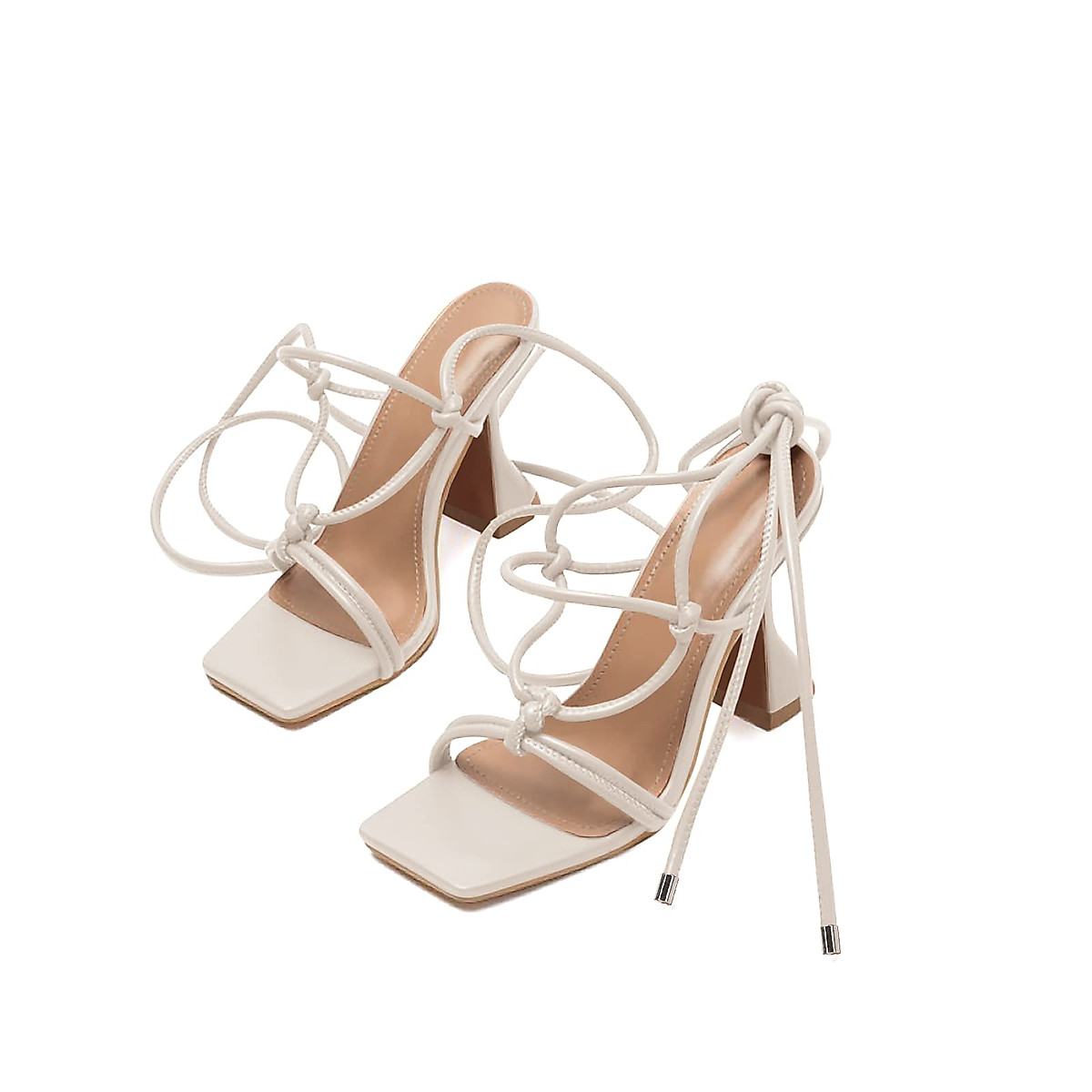 Coutgo Strappy Heels for Women, Lace Up Square Open Toe Dress Sandals, Stiletto Heeled for Summer Party