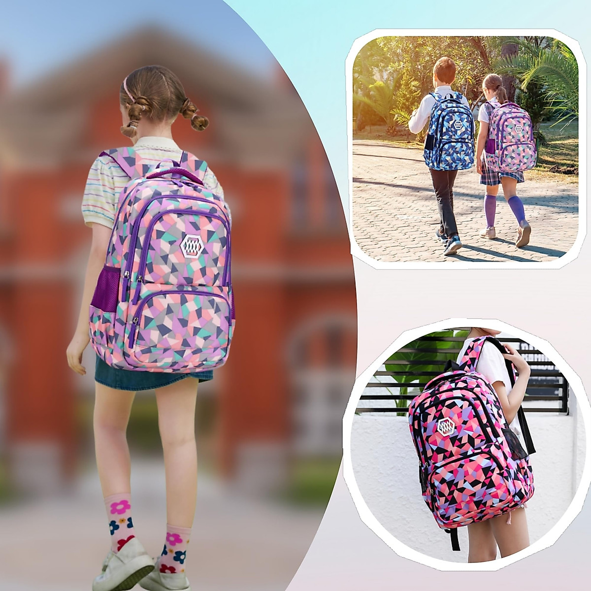 Bansusu Geometric Print Kids Backpack for Girls Boys School Bag Bookbags
