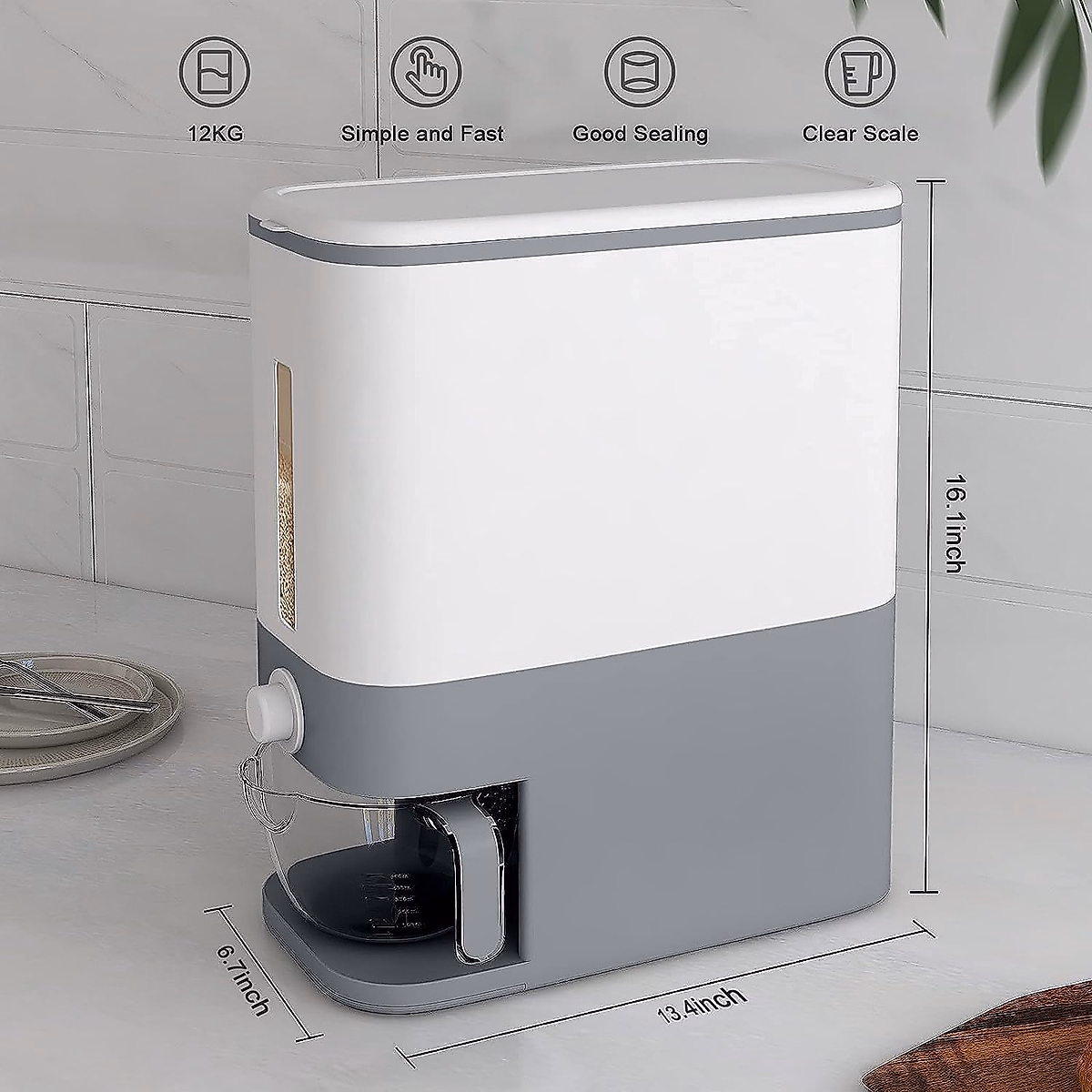 Premium Rice Dispenser - 25lbs Capacity Kitchen Storage Container: Pantry Organizers and Storage, Grain Storage Container, Flour and Rice Container for Countertop, Cereal & Candy Food Dispenser.