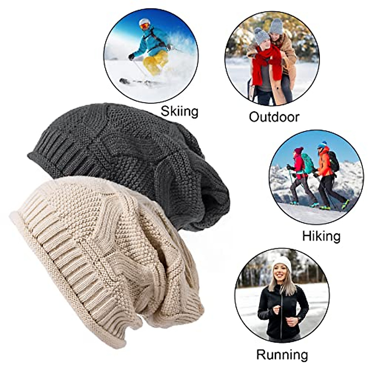 Senker Fashion 2 Pack Womens Slouchy Beanie Winter Knit Soft Hat for Women and Men, A-Beige&Dark Grey