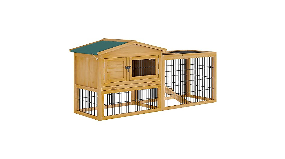 PawHut 59" Outdoor 2-Level Rabbit Hutch | Weatherproof Wood