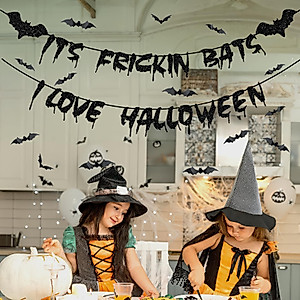 Bats Halloween Decoration, It's Frickin Bats I Love Halloween Banner - Fufuddz 26PCS 3D Bat Wall Decor Stickers Decals Indoor Outdoor Cute Spooky Garland Party Supplies for Mantle Home