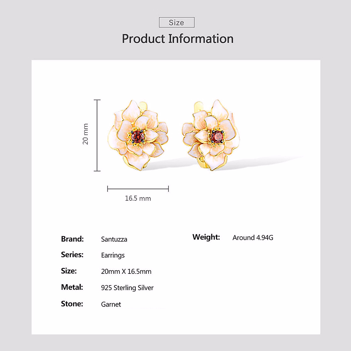 Santuzza Lotus Earrings 925 Sterling Silver Garnet Handmade Enamel White Flower Dangle Earrings for Women