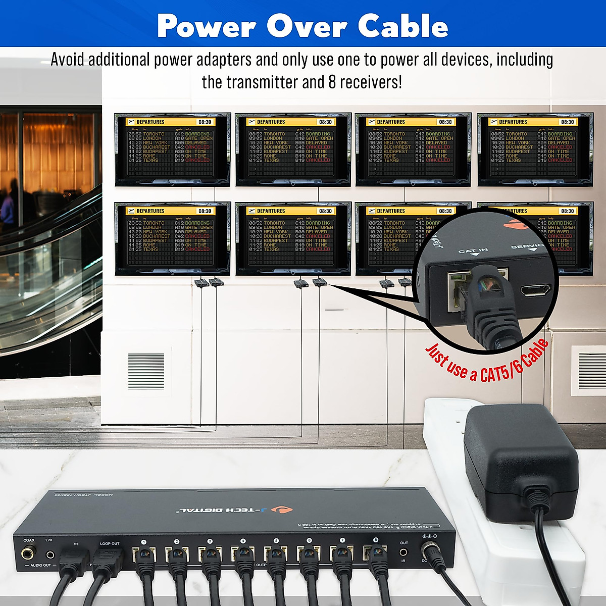 HDMI 2.0 4K Extender Splitter Over Single Cable CAT6 with PoC Up to 196 FT 1-in 8-Out w/Local Loop Output & Low Latency by J-Tech Digital [JTECH-18EX50]