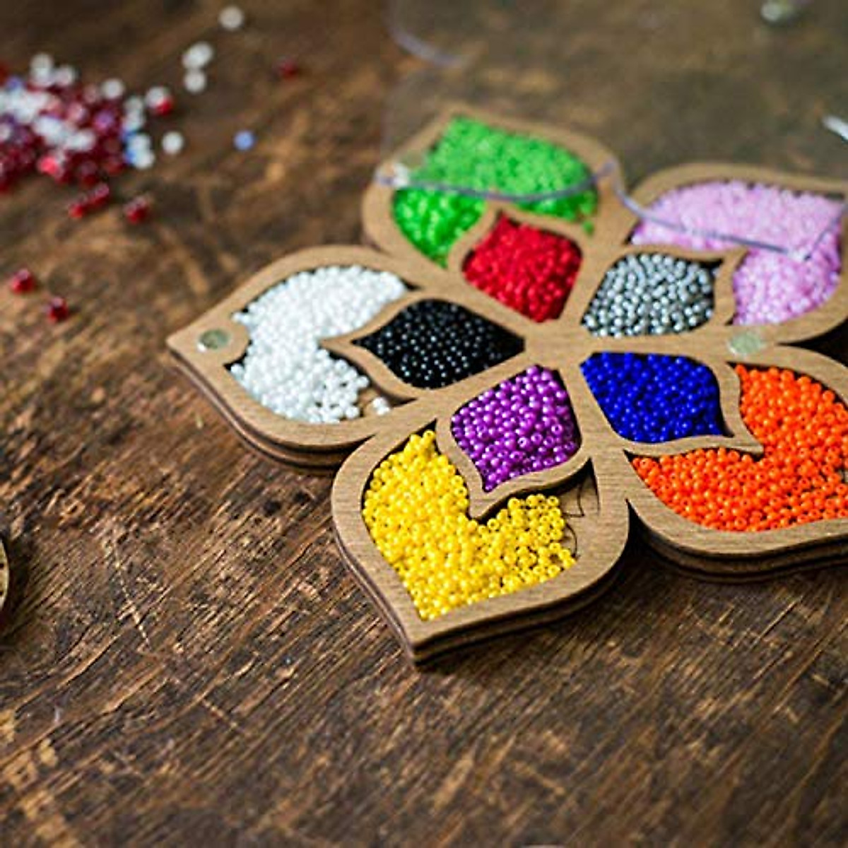 Lonjew Wood Bead Organizer Tray with Lid Supply Storage Jewelry Making Gift, Bead Container, Needle Magnet, Beadwork Accessory, Small Clear Cover, Beads Wood Flower Storage