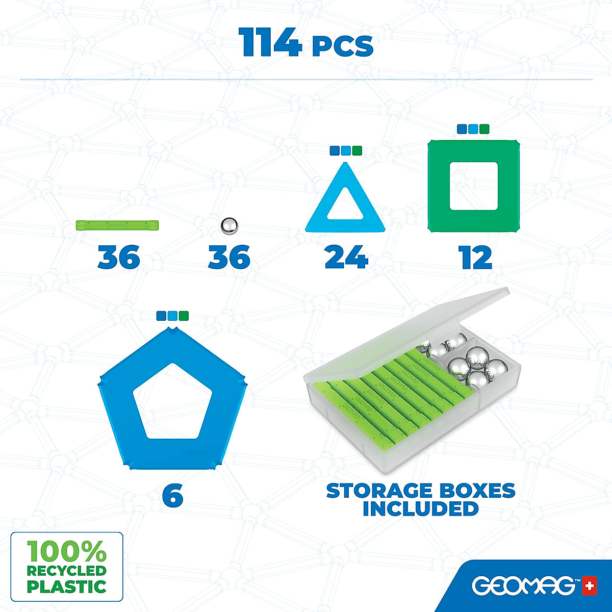 Geomag Classic Panels 114-pc Magnetic Construction Set for Kids Ages 5 and Up | Swiss-Made STEM Educational Toy Made from 100% Recycled Plastic | Screen-Free Activity