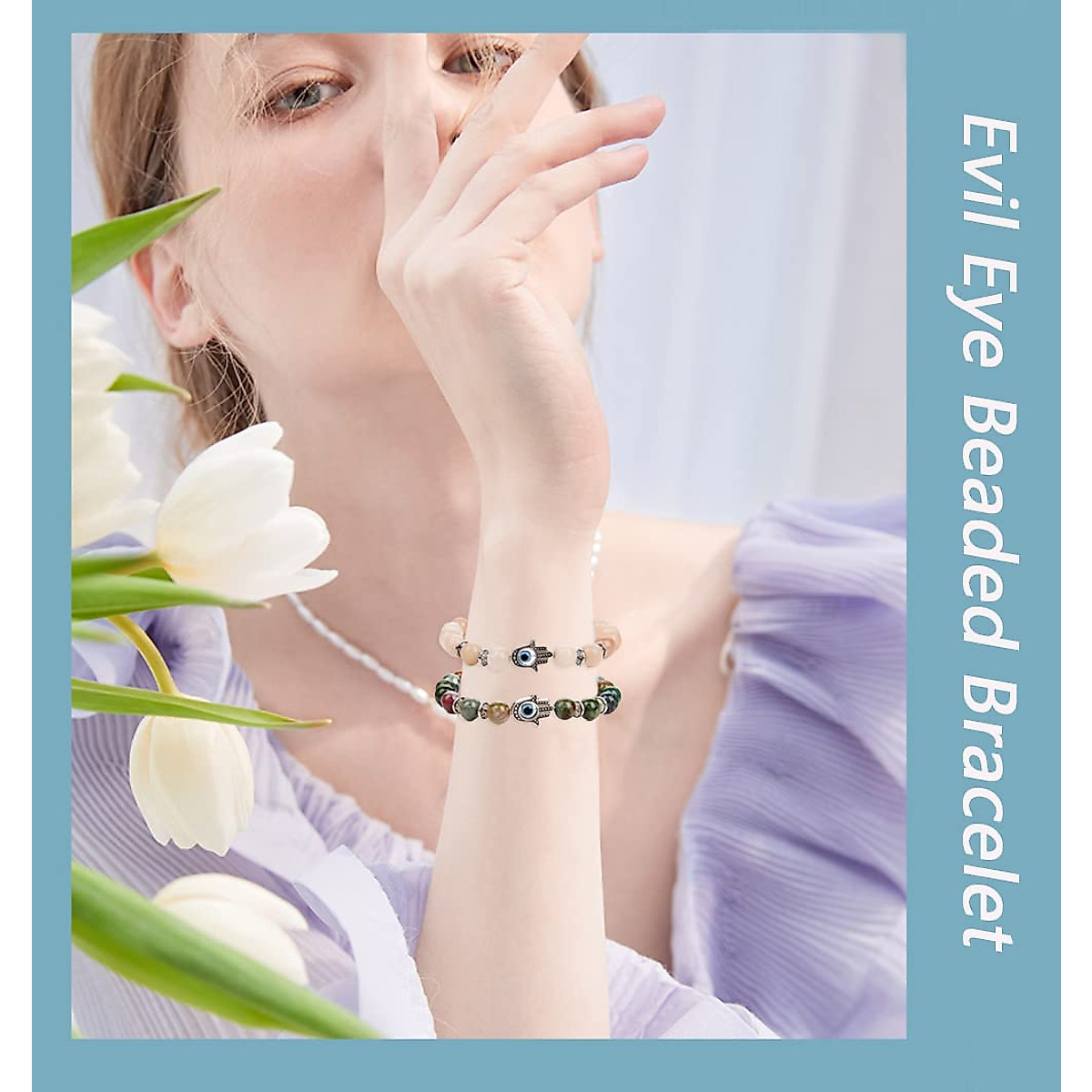 FINZOR 10Pcs Evil Eye Charm Beaded Bracelets for Women Men Semi-Precious Gemstones Bracelets Crystal Bracelet Hamsa Hand of Fatima Turkish Evil Eye Lucky Bracelet for Protection Blessing