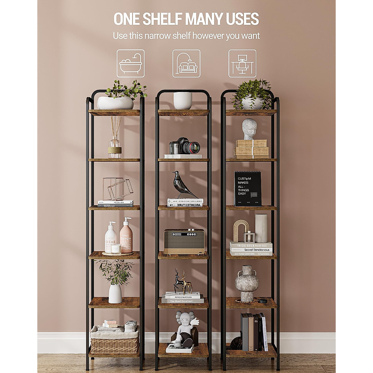 Hzuaneri Bookcase Bookshelf, Narrow Book Shelf, Industrial Corner Shelf Storage Organizer, Slim Shelving Unit for Home Office, Living Room, Bedroom, Kitchen, 6-Tier Rustic Brown and Black BC24601B