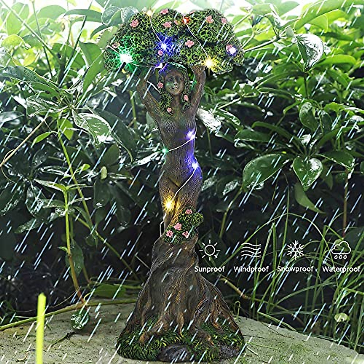FORUP 14 Inch Tree Goddess Garden Statue, Resin Dryad Garden Figurine with 18 LEDs, Solar Powered Lighted Garden Sculpture for Outdoor Patio Lawn Yard Garden Decorations