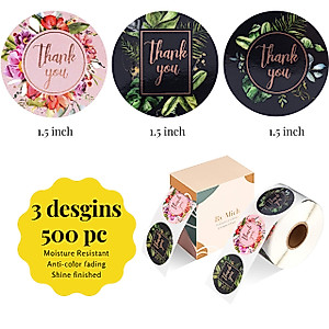 by Mich 1.5 Inch Thank You Stickers, Roll of 500 pc,3Designs |Thank You Stickers for Small Business, Wedding and Holiday |Pink, Black Thank You Labels with Greenery Boho Handwritten Rose Gold Font