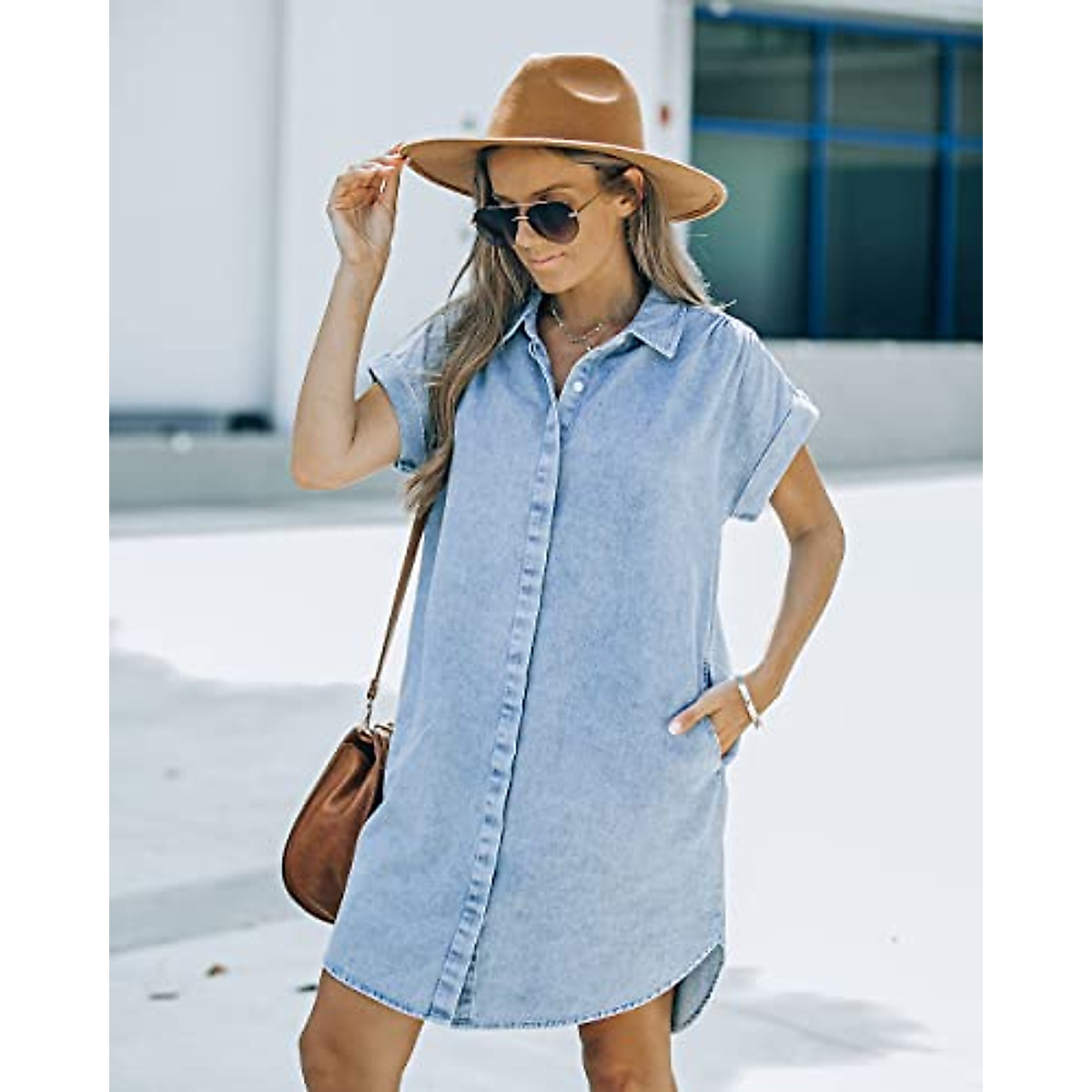 KDF Denim Dress with Pockets for Women Denim Button Down Shirt Jean Dresses for Women 2023 Summer Light Blue Size Small Size 4 Size 6