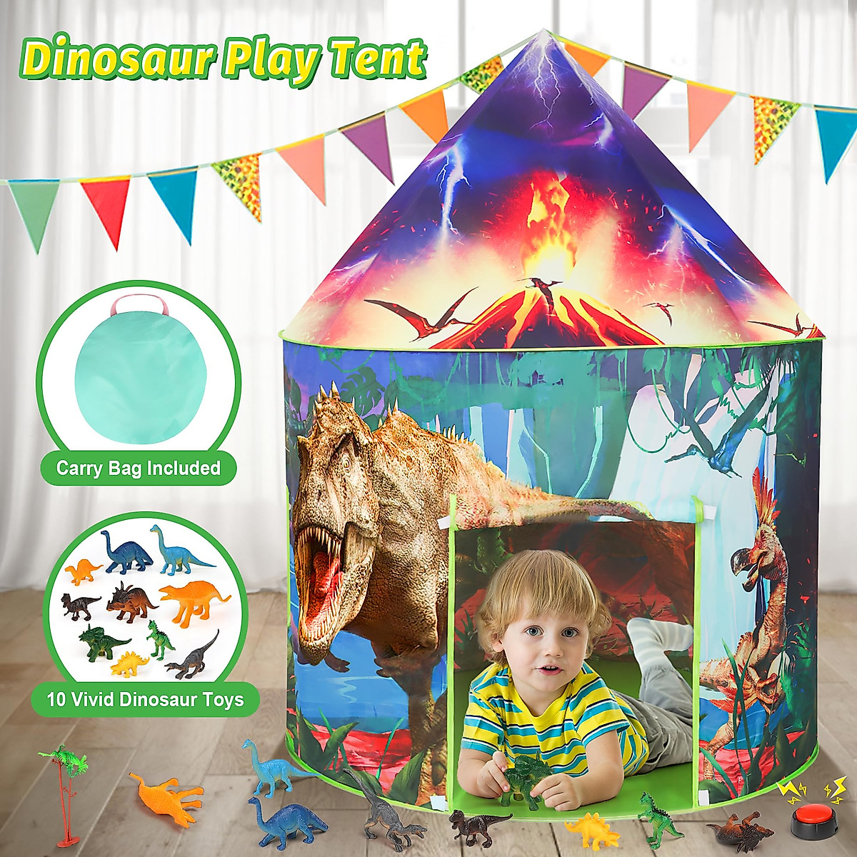 HopeRock Dinosaur Kids Tent with Roar Button, Kids Play Tent with Dinosaur Toys for Boys & Girls Kids Pop Up Tent for Boys, Kids Indoor Tents Birthday Chirstmas Gifts for 3 4 5 6 7+ Years Old Boys