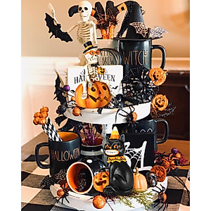 iStatue Halloween Decorations, 2-Pack Resin Black Cat & Skeleton on Pumpkin with Jack-o’-Lantern Lights - Indoor/Outdoor Gift for Fireplace Table Top Party Tiered Tray Decor (Skeleton & Cat)