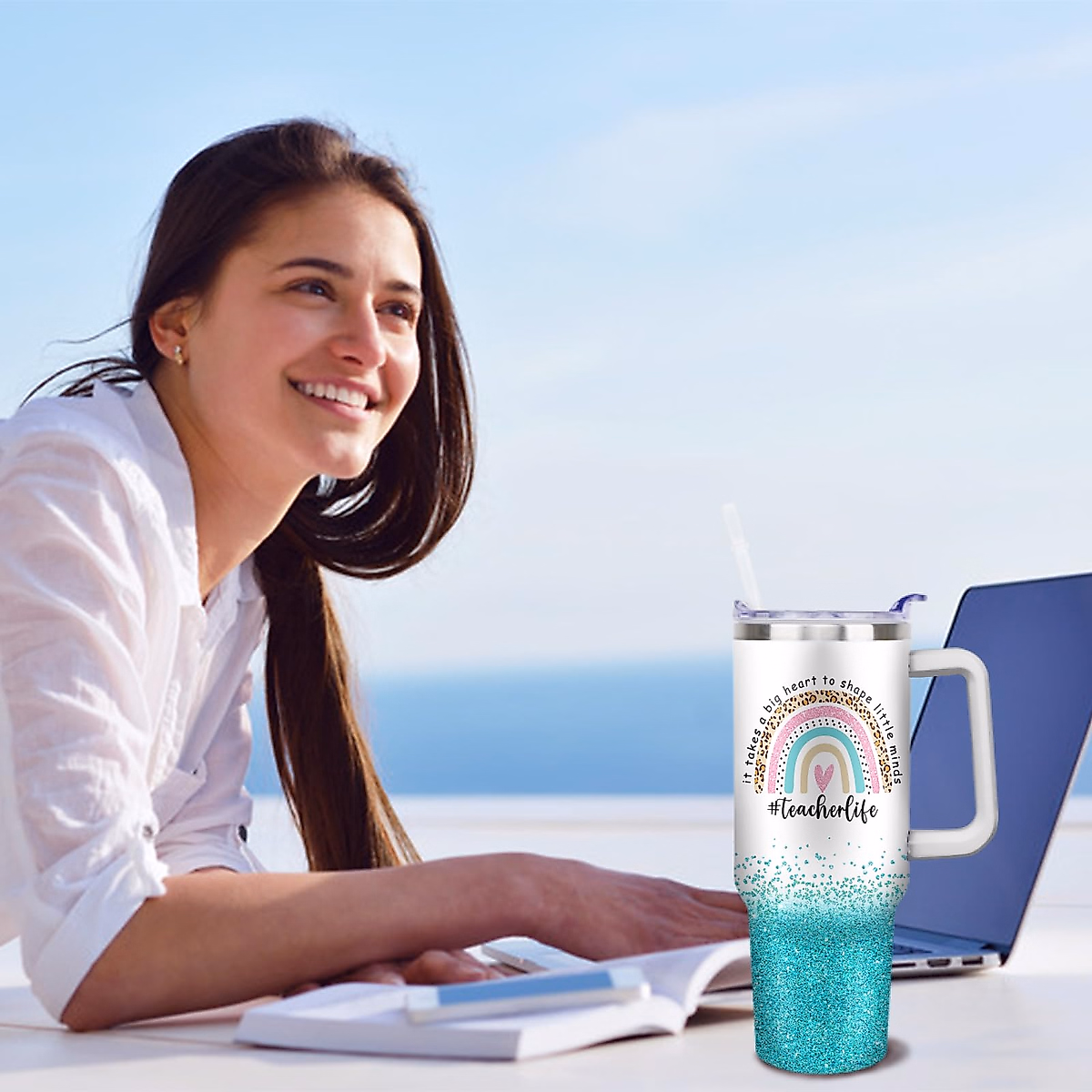 thmasamwr 40oz Teacher Tumbler with Handle, Stainless Steel Teacher Water Bottle Cup, Teacher's Travel Coffee Mug, Thanksgiving,Christmas,Graduation Gifts for Teachers