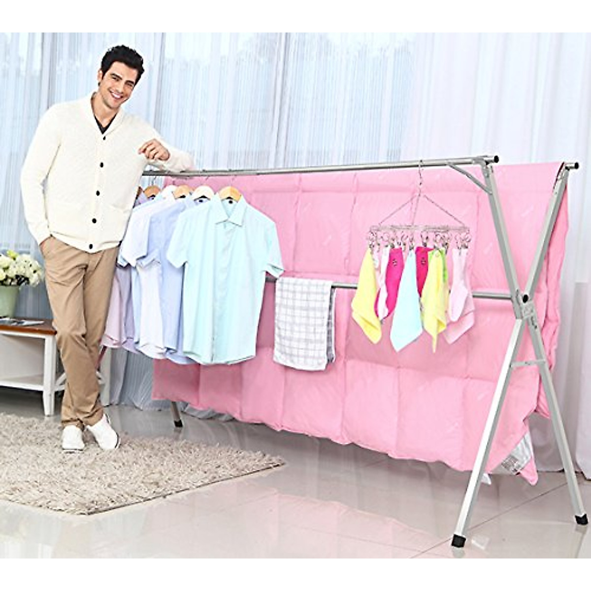 SHAREWIN Clothes Drying Rack for Laundry, 59 Inches Stainless Steel Garment Rack Adjustable and Foldable Space Saving, Laundry Drying Rack for Indoor Outdoor Free Installed Hanger Rack Heavy Duty
