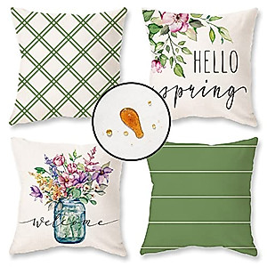 ONWAY Spring Pillow Covers 18x18 Set of 4 Spring Floral Waterproof Farmhouse Decorations Outdoor Green Patio Throw Cushion Case for Sofa Couch Home Decor