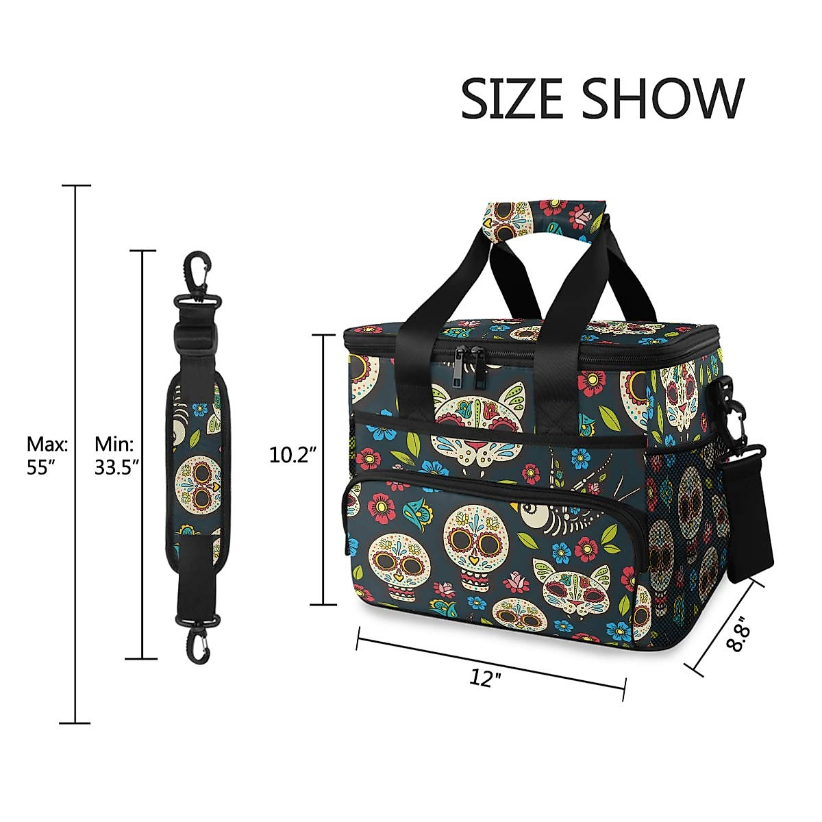 ALAZA Mexico Sugar Skull Cat Floral Large Cooler Insulated Picnic Bag Lunch Box for Adult Men Women