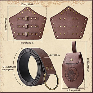 Berenlu 3 PCS Renaissance Accessories, Viking Renaissance Belt Medieval Vintage Belt Pouch, and Leather Bracers, Enhance Your Halloween Renaissance Cosplay with Medieval Accessories (Brown)