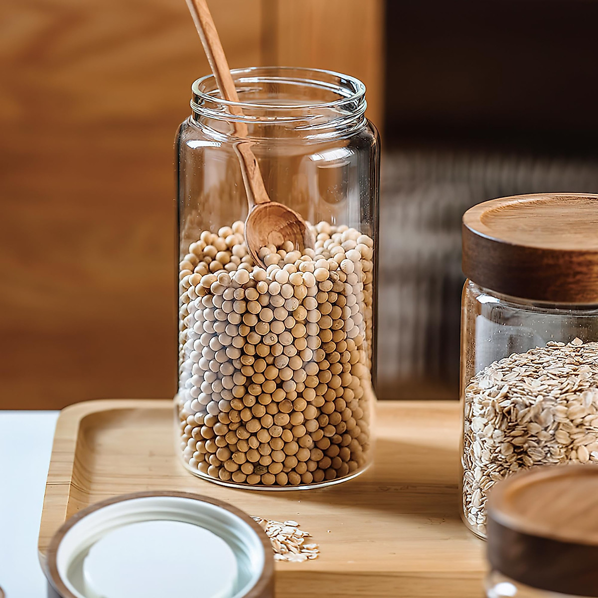 MOLADRI 18 oz/550 ml Clear Glass Storage Canister with Airtight Wooden Screw Lid, Small Cute Decorative Glass Container Jar for Coffee,Spice,Candy,Salt,Cookie,Condiment,Pepper,Sugar,Overnight Oatmeal