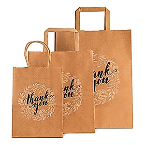 OSpecks 50 Count Small Thank You Gift Bags Bulk with Handle, Brown Kraft Paper Bags for Retail Shopping, Wedding, Goodies, Merchandise for Customers or Guests, Size 5.25 x 3.75 x 8 Inches
