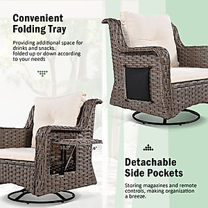 Merax Luxury Swivel Rocker High Back Outdoor 5 Piece Oversized Patio Rocking Chair Sets with Pet House Ottomans, Cool Bar Table, Side Folding Trays & Pockets for Porch, Balcony, Pool, Beige