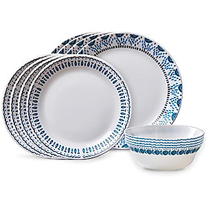 Corelle Everyday Expressions 12-Pc Dinnerware Set, Service for 4, Durable and Eco-Friendly, Higher Rim Glass Plate & Bowl Set, Microwave and Dishwasher Safe, Azure Medallion