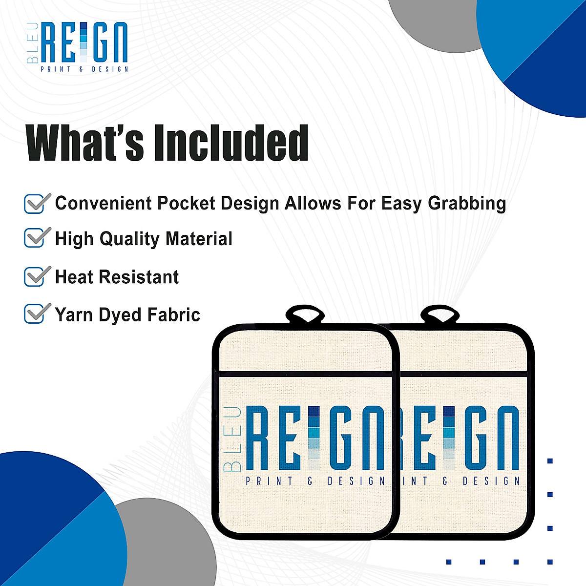 Bleu Reign Oven Mitt and Potholder Set Personalized Custom Name Bright Blue Vintage Distressed Print Linen