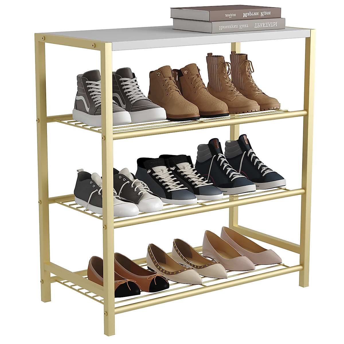HOMEFORT 4-Tier Shoe Rack, Shoe Storage Shelf, Industrial Shoe Tower, Narrow Shoe Organizer for Closet Entryway, Small Shoe Rack Table with Durable Metal Shelves, Gold
