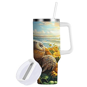 Slewiaeky Tumbler with Handle 40 oz Turtle Ocean Kawaii Travel Mug with Lid and Straw Sunflower Stainless Steel Vacuum Insulated Water Bottle Cup for Iced Tea Coffee Cold Beverages Cup Holder Friendl