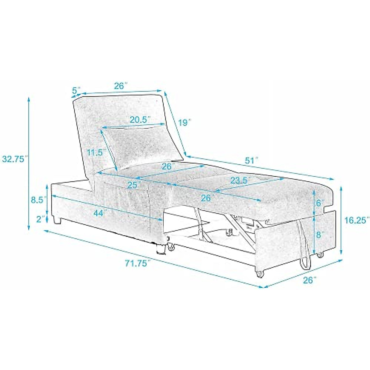 Antetek Sleeper Chair Bed, Convertible Chair 4 in 1 Multi-Function Folding Ottoman Sofa Bed Pull Out Sleeper Chair Beds, Adjustable Backrest, Single Bed Chair for Small Space, Black(44” x 26” x 33”H)